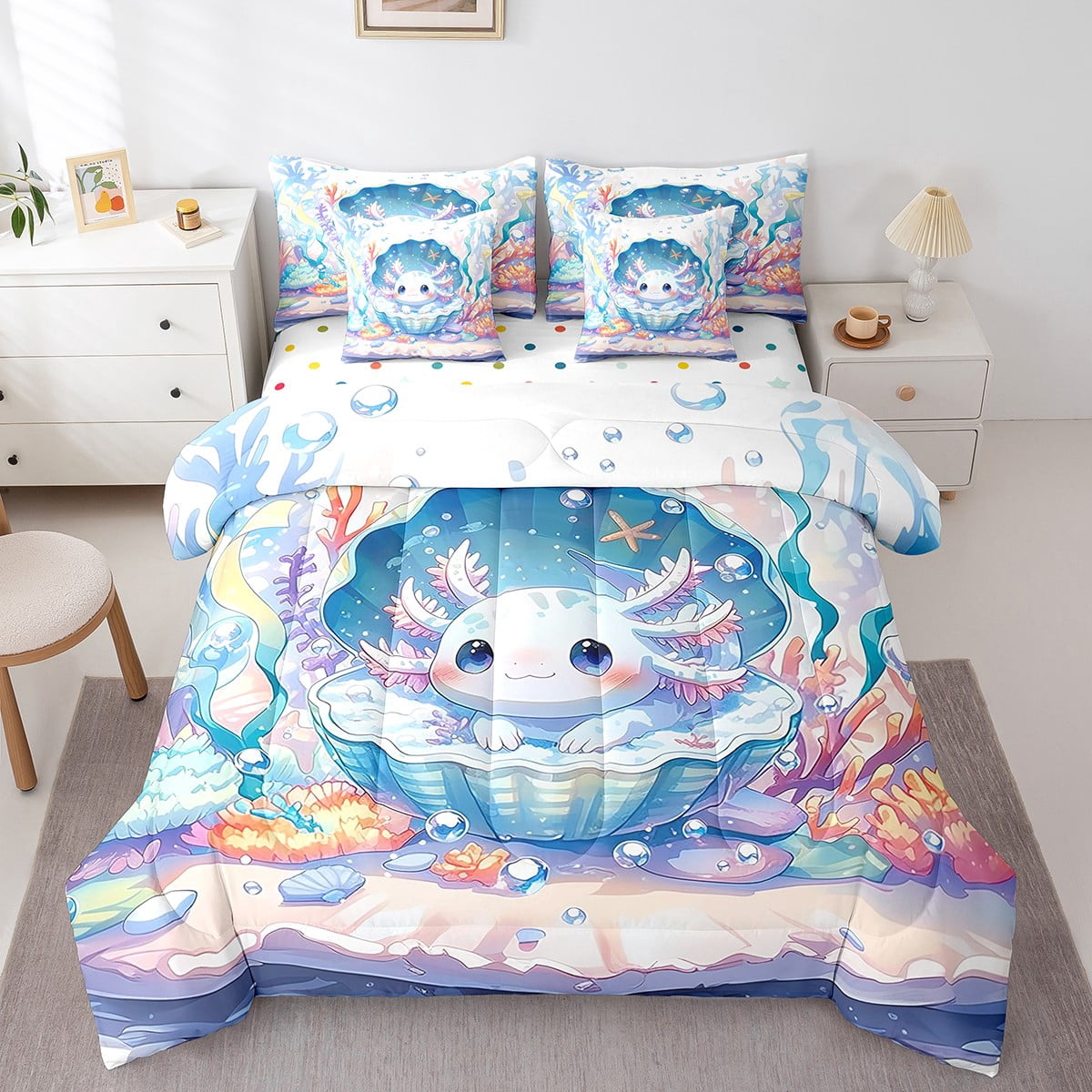 Manfei Sealife Axolotl Bed in a Bag Queen Size,Watercolor Shell Bed Set ...