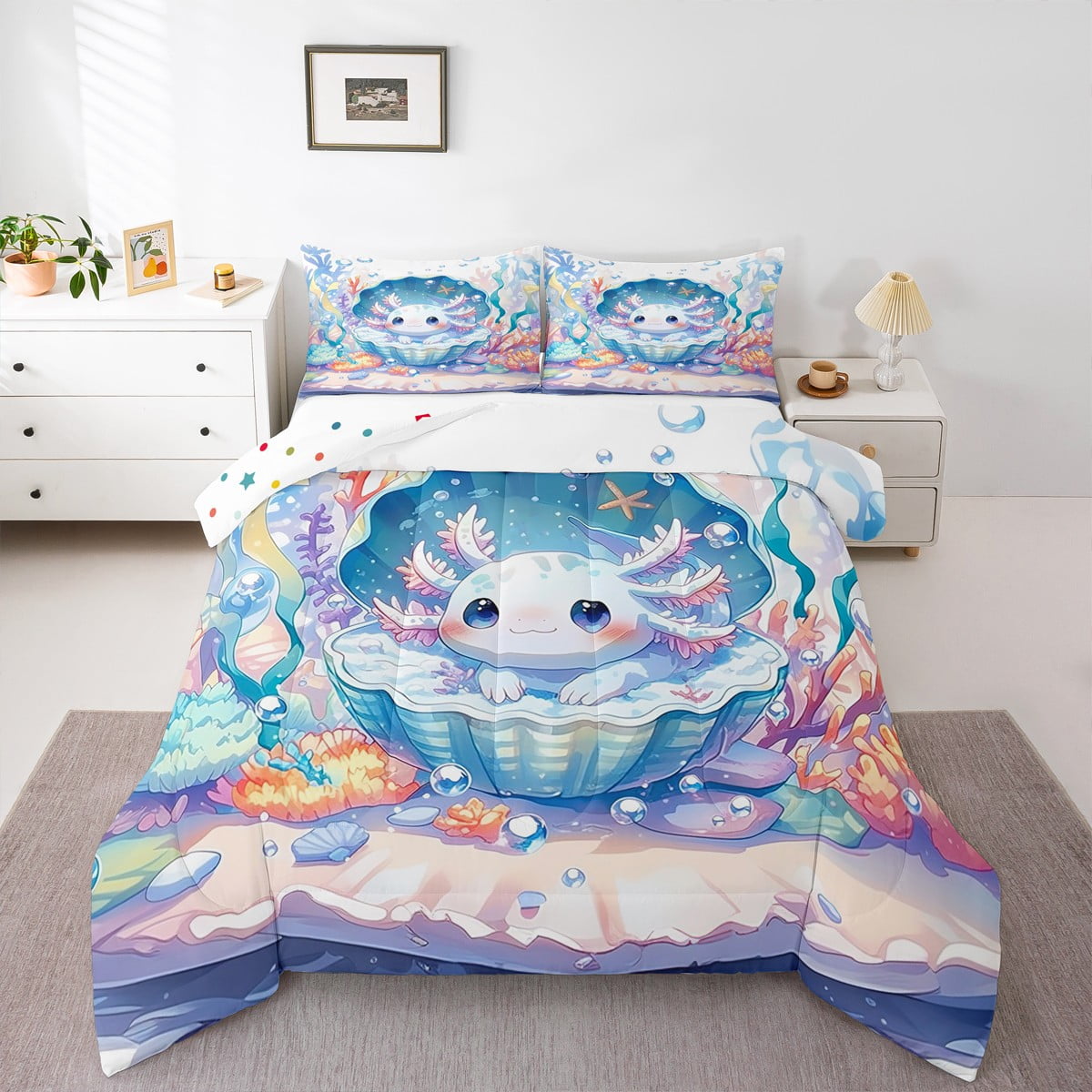 Manfei Sealife Axolotl Bedding Sets King with Comforter,Watercolor Shell Duvet Insert,Ocean Sea ...