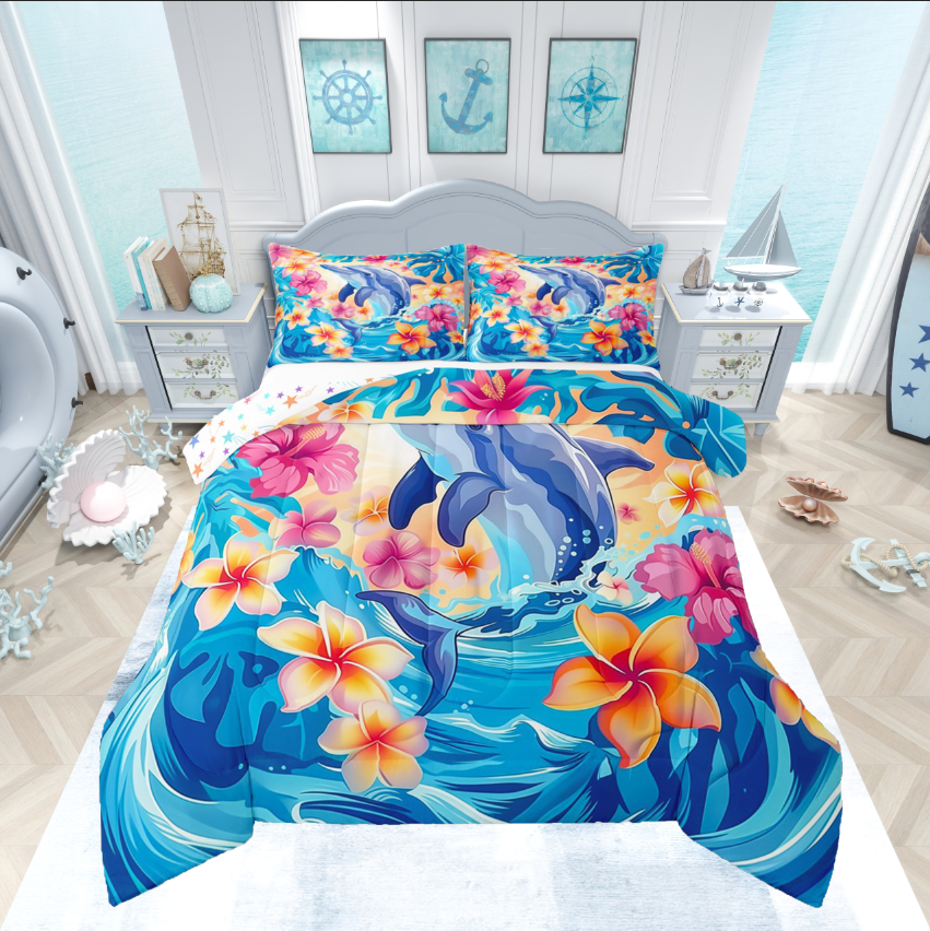 Manfei Sealife Dolphin 3 Pieces Queen Comforter Set,Tropical Flower ...