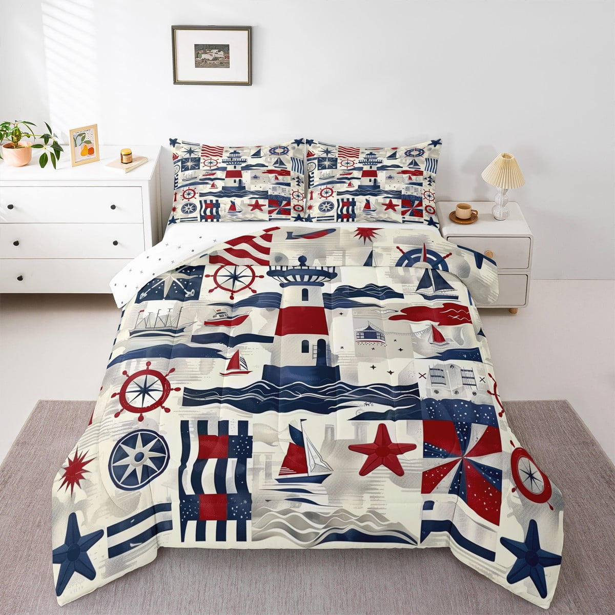Manfei Ship Anchor Rudder Queen Comforter Set,Nautical Theme Bedding ...