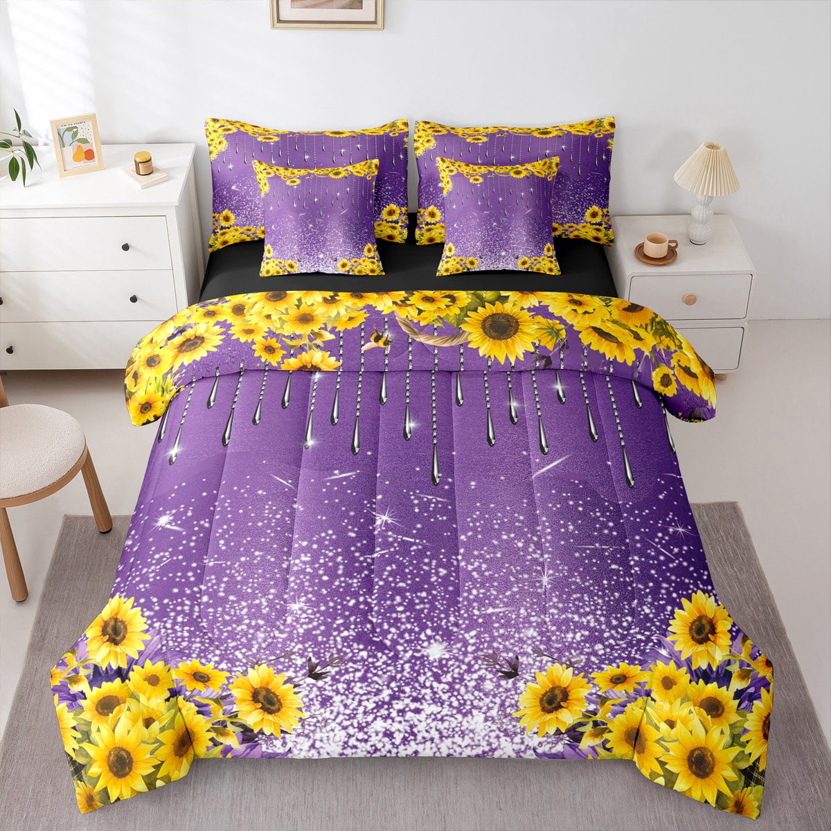 Manfei Silver Sequin Peint Bedding Comforter Set 7pcs,Country Floral ...