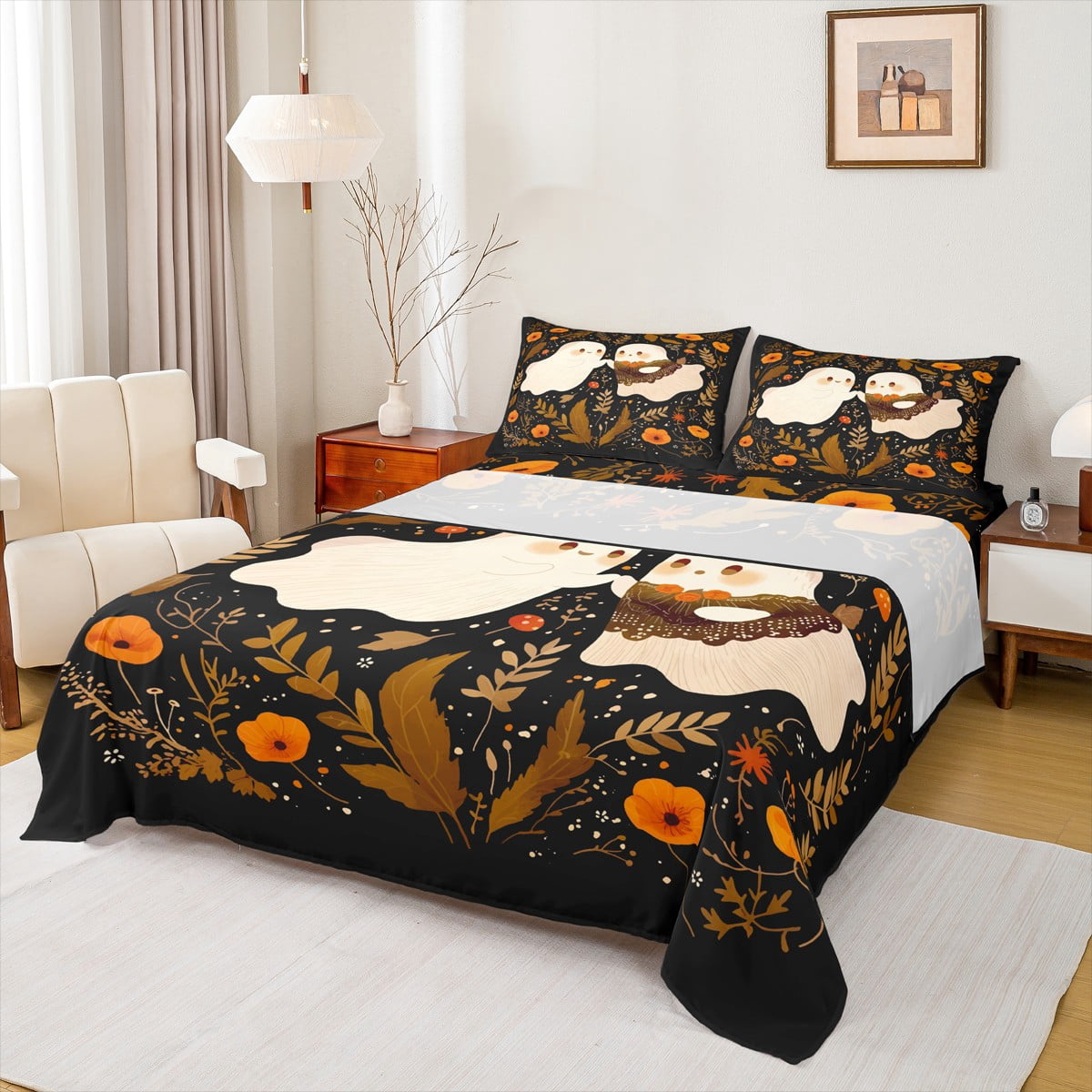 Manfei Skull Ghost Bed Sheets Twin, Flower Leaf Plant Twin Sheet Sets ...
