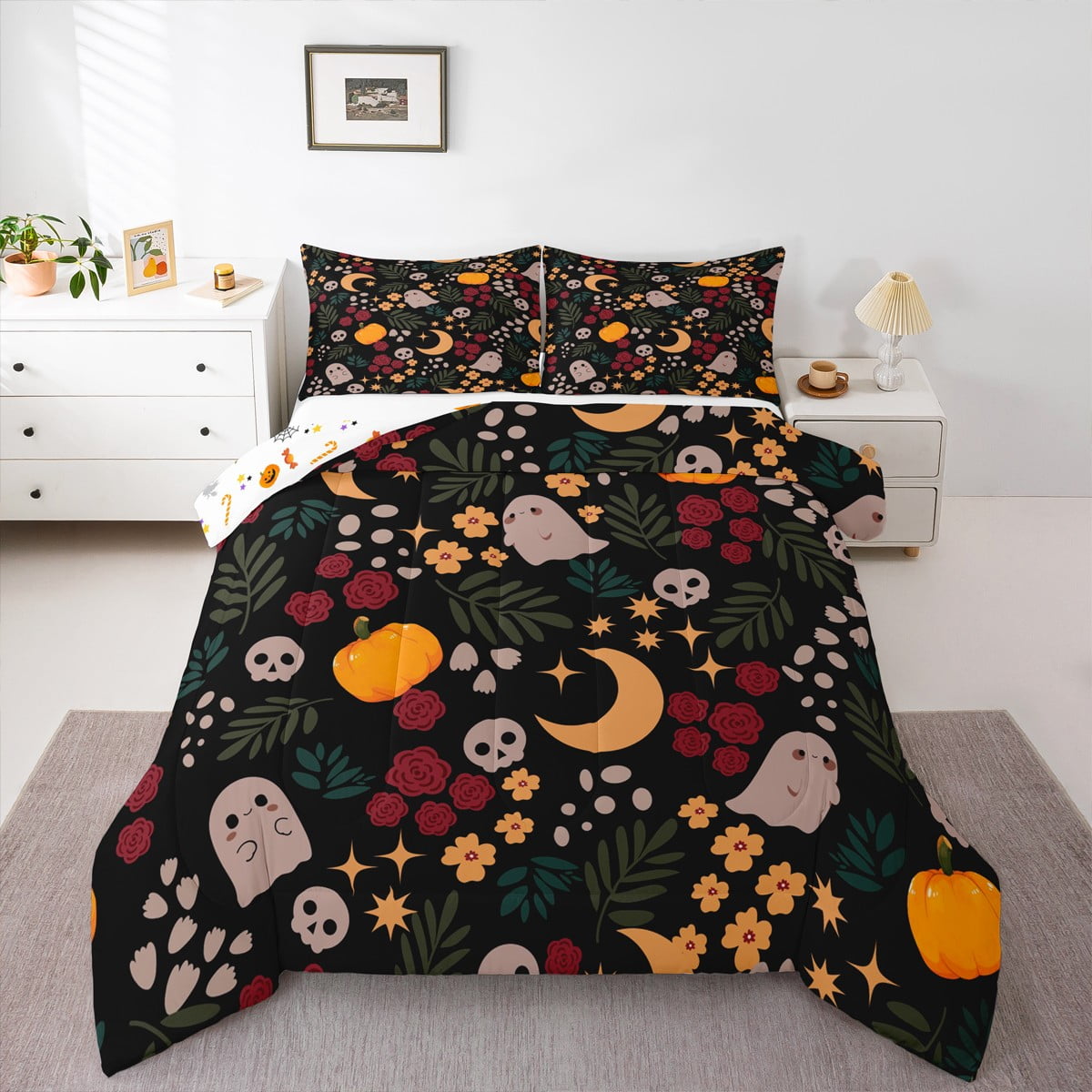 Manfei Skull Ghost Bedding Sets Full with Comforter, Flower Leaf Plant ...