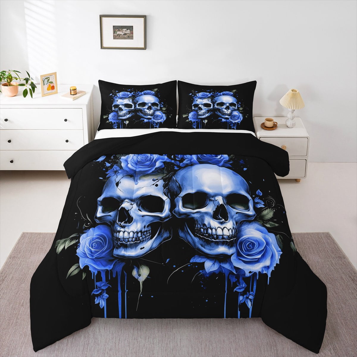 Manfei Skull Skeleton Comforter Sets Full Size, Blue Rose Comforters ...