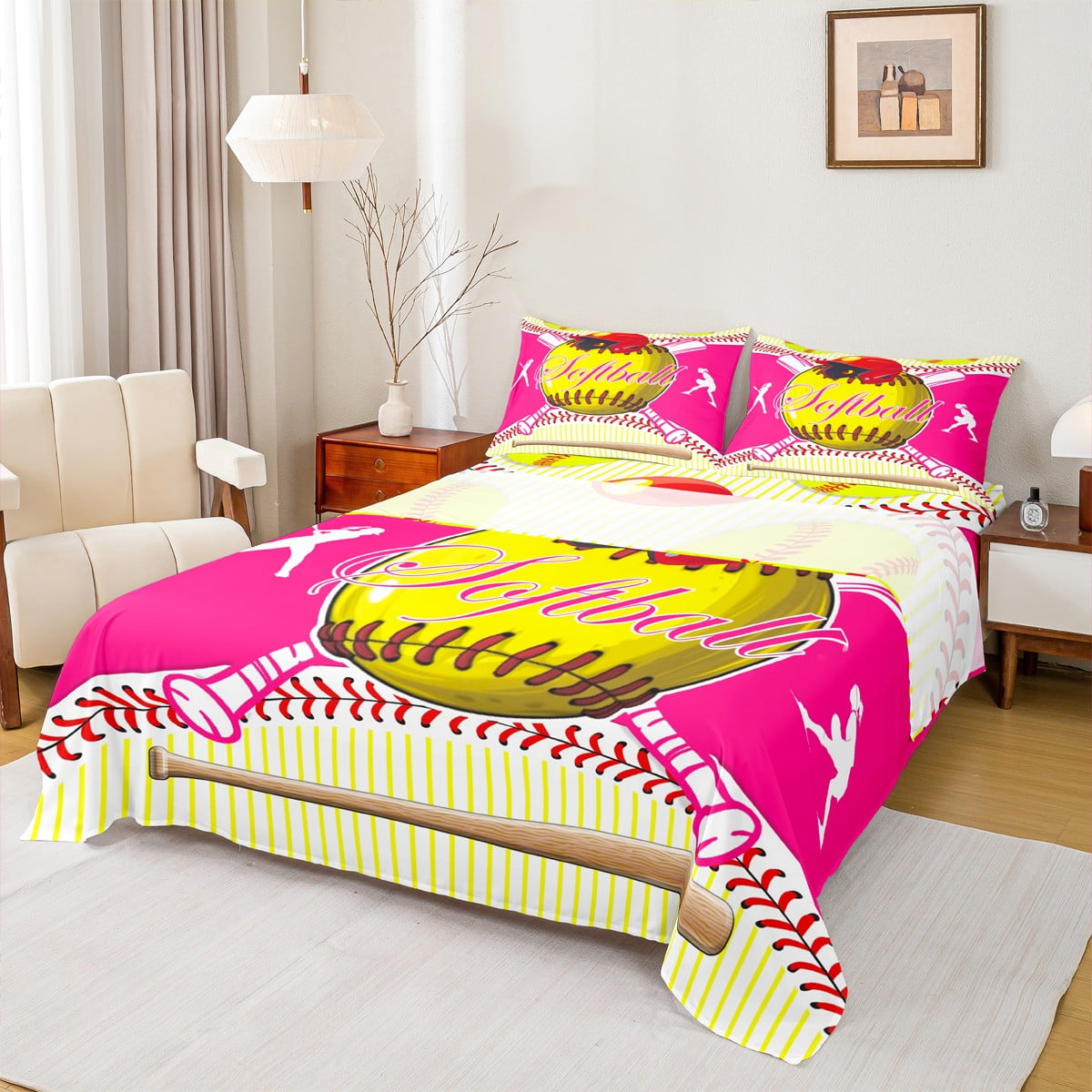 Manfei Softball Bed Sheets,Girls Sport Theme King Sheets,Pink Yellow ...