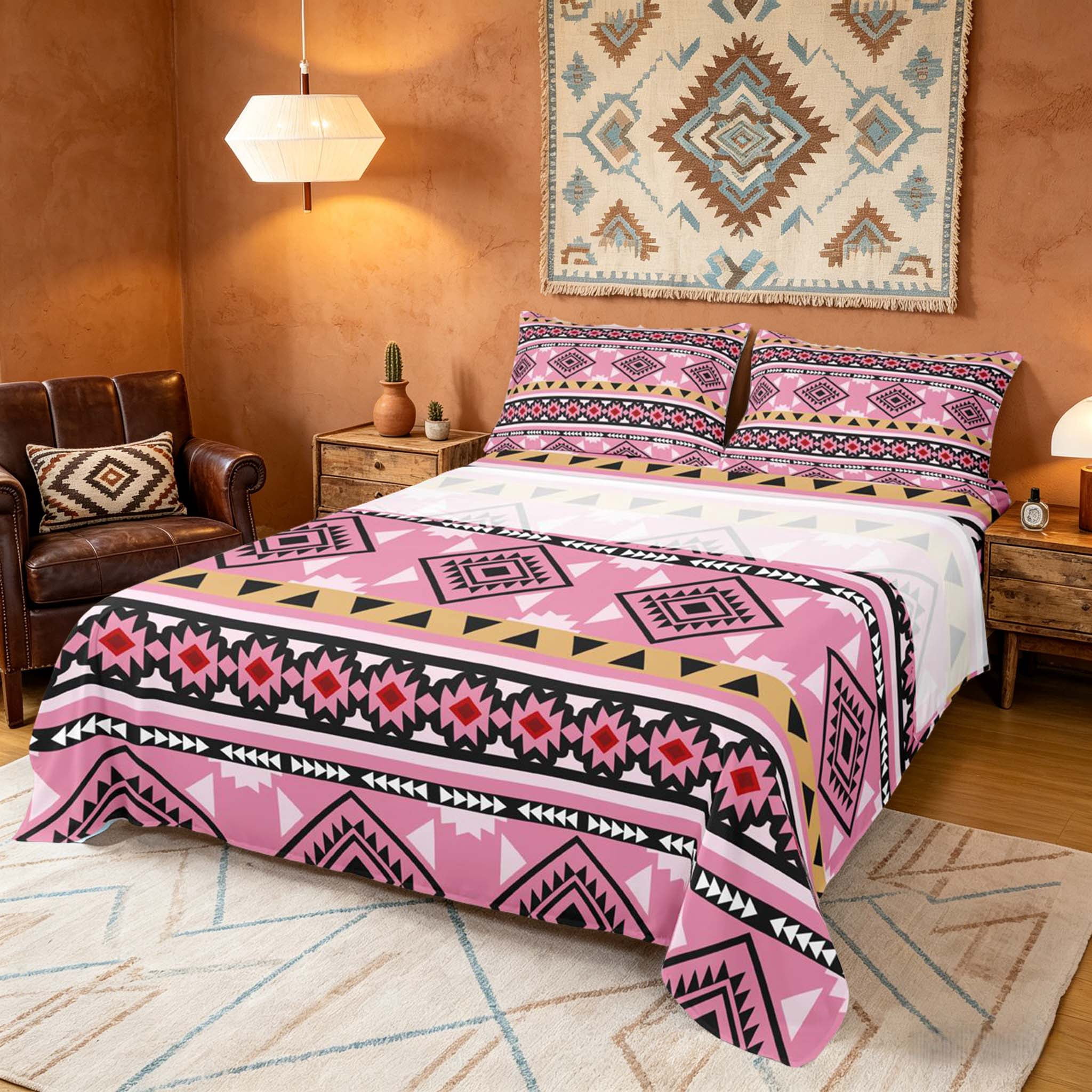 Manfei Southwestern Aztec Bed Sheets, , Pink Black Fuul Size Sheets ...