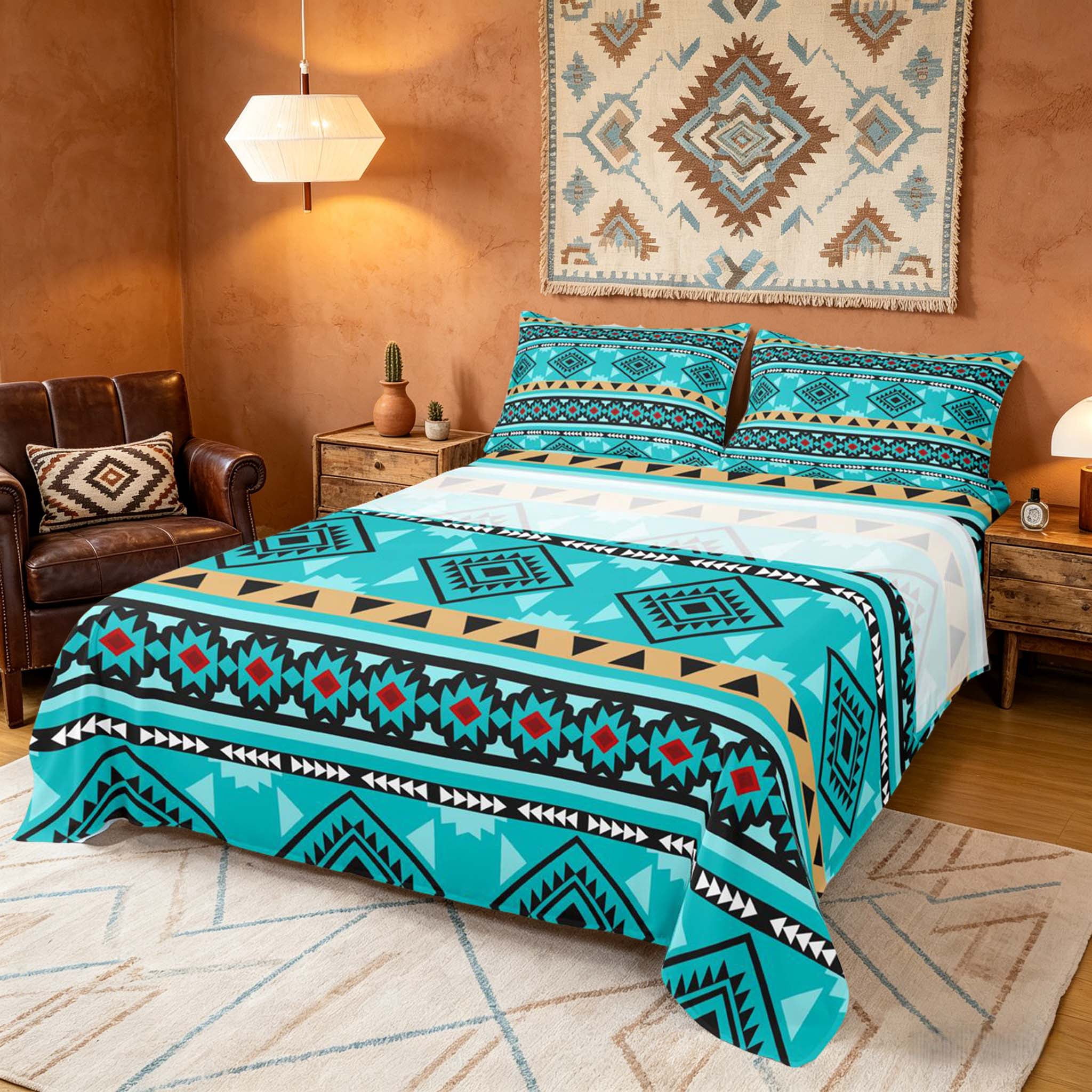 Manfei Southwestern Aztec Bed Sheets, , Teal Black Fuul Size Sheets ...