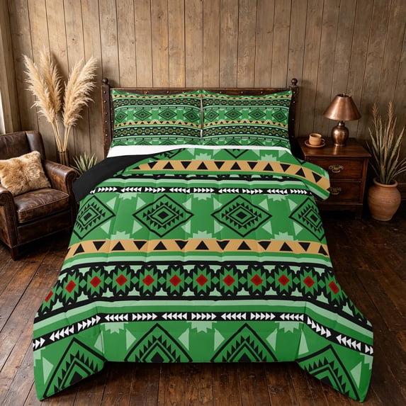 Manfei Southwestern Aztec Queen Comforter Set, , Green Black Comforter ...
