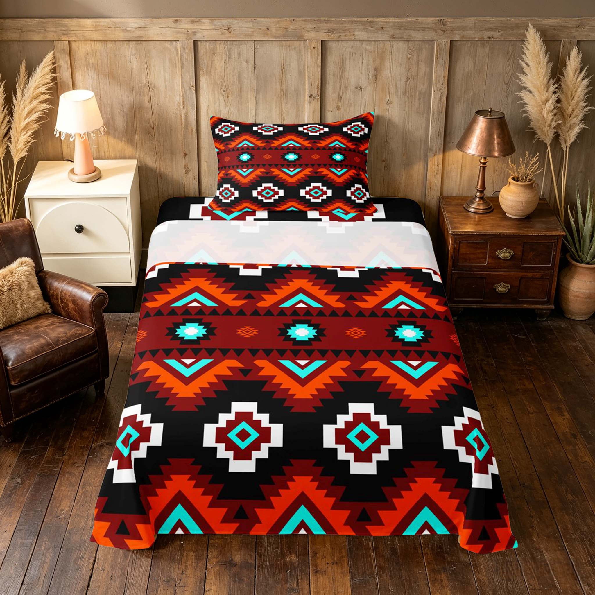 Manfei Southwestern Aztec Twin Sheets, , Orange Black Bedding, Black ...