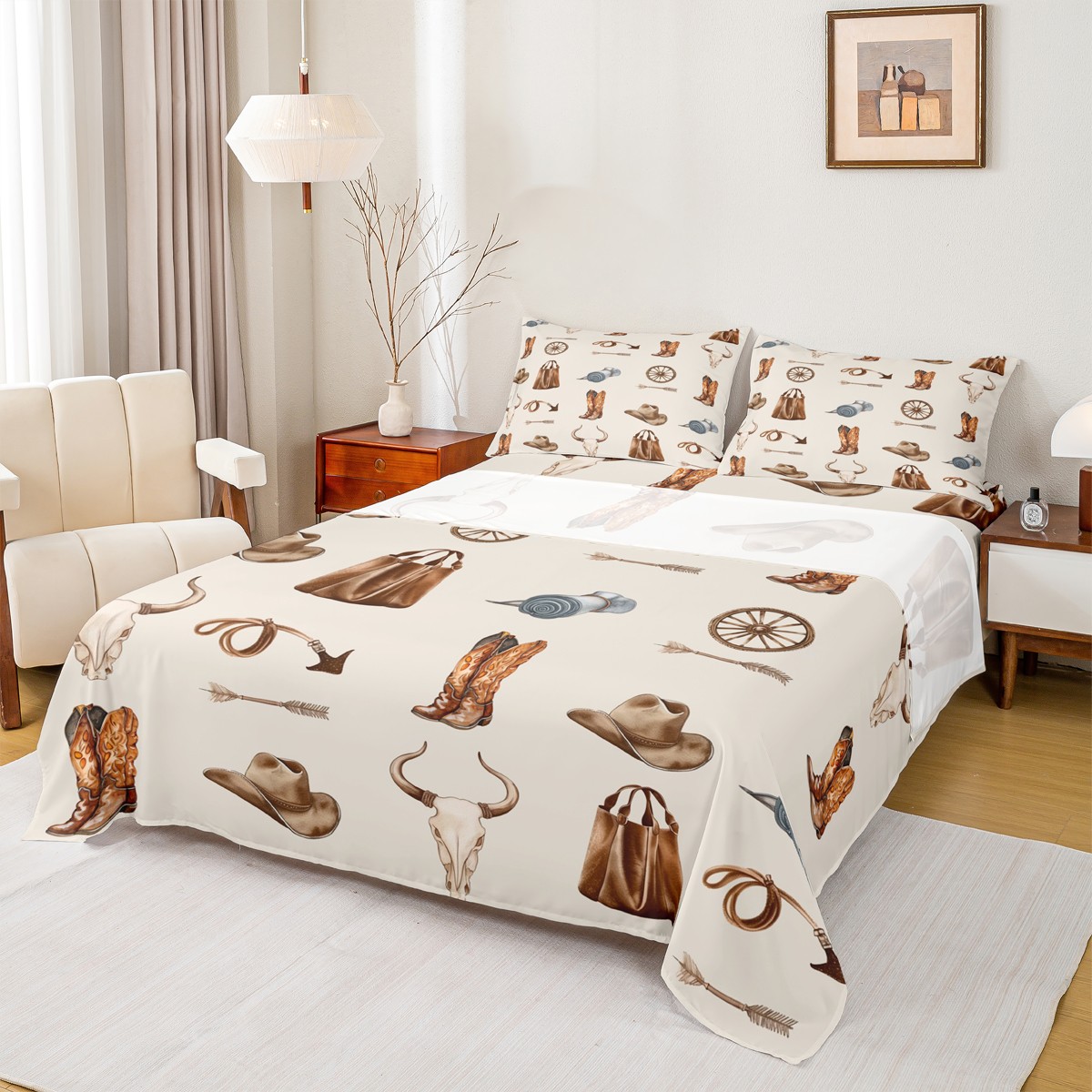 Manfei Southwestern Cowboy Cowgirl Twin Sheet Sets 3 Pieces, Brown ...