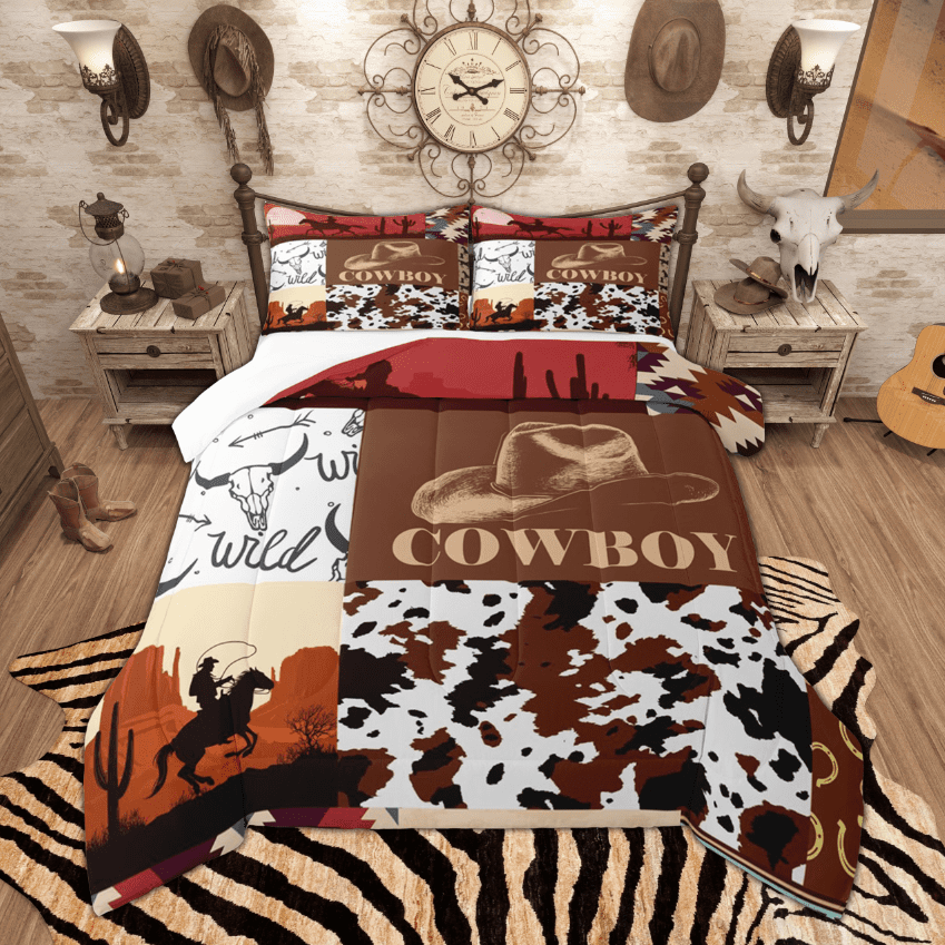 Manfei Southwestern Cowboy Queen Comforter Set, Brown Cow Print Plaid ...