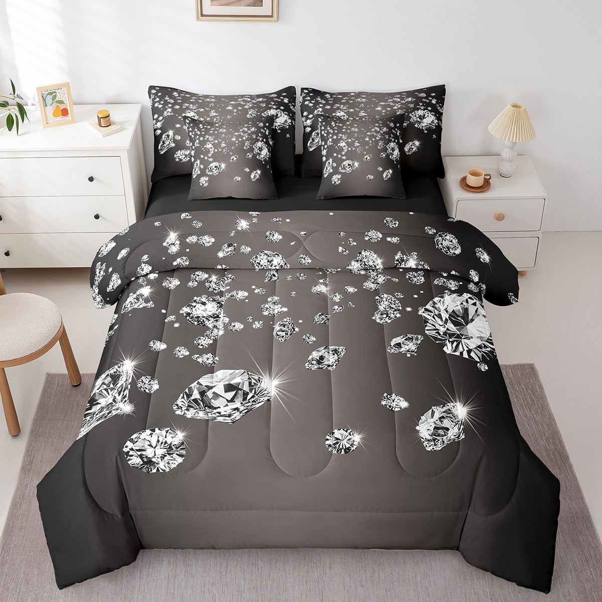 Manfei Sparkling Crystal 7pcs Bedding Comforter Set,Bling Glitter Queen ...