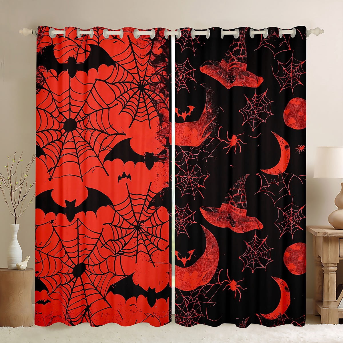 Manfei Spider Webs Curtains and Drapes,Spooky Halloween Bats Black Out ...