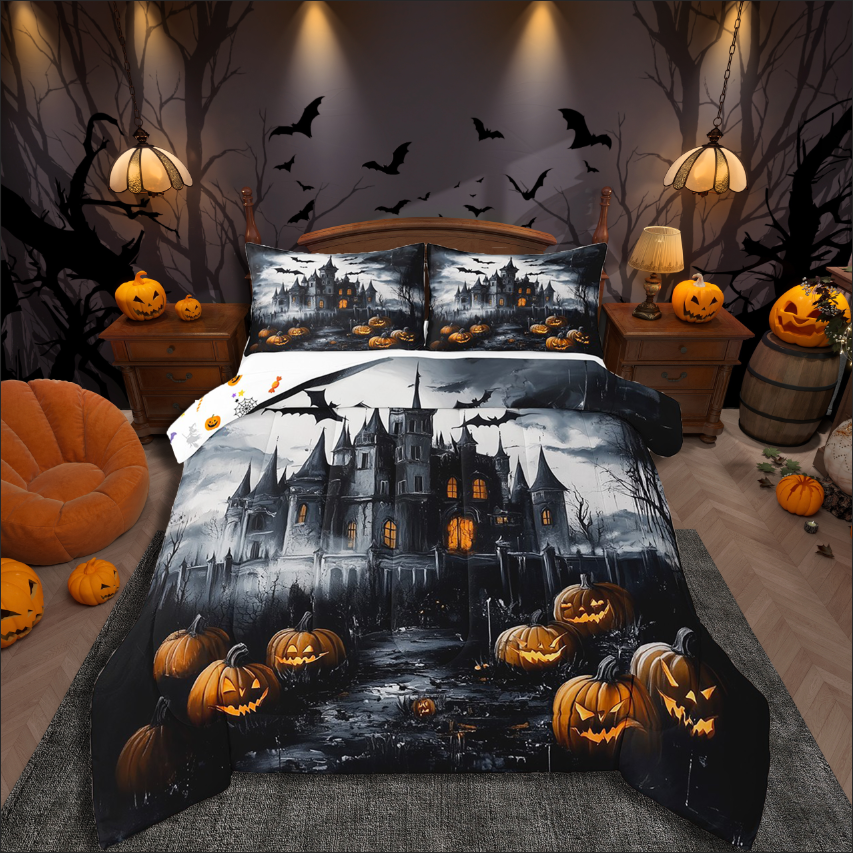 Manfei Spooky Animal Bedding King Comforter Set,Pumpkin Castle Bedding ...