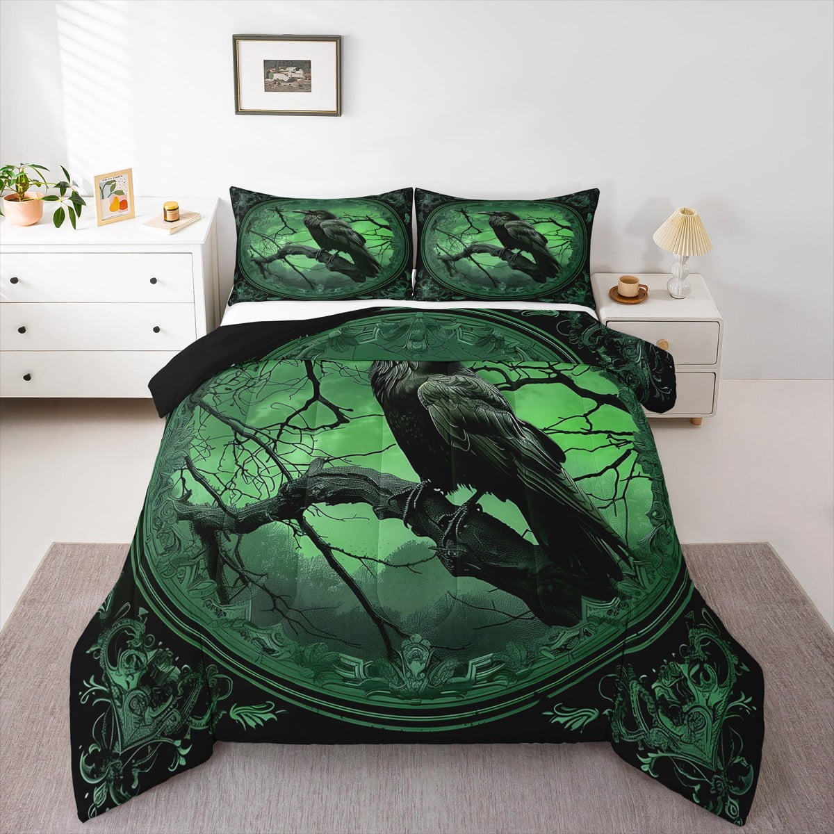 Manfei Spooky Crow Bedding Comforter Set,Gothic Damask Flower Twin ...