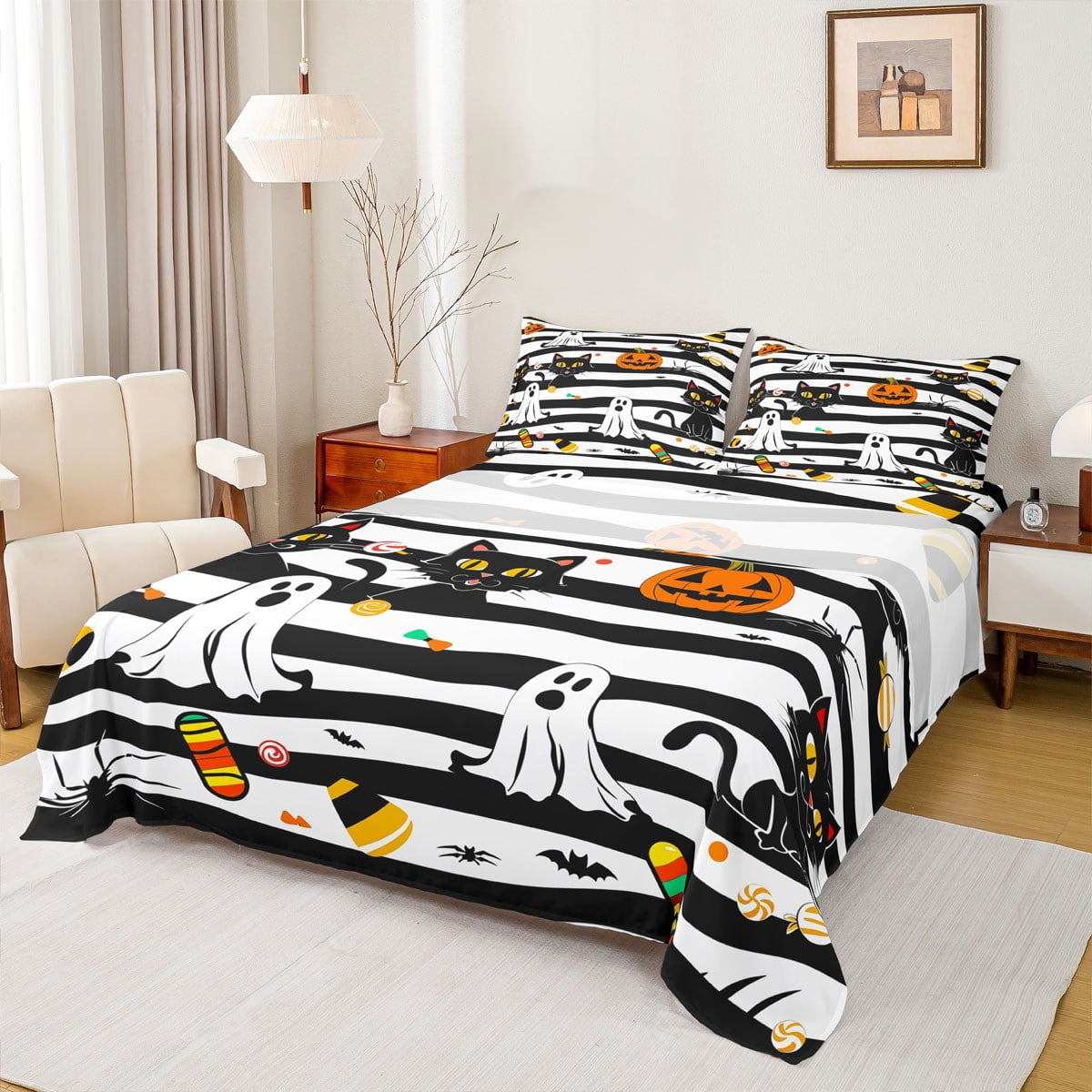 Manfei Spooky Ghost Punpkin Bed Sheets Queen,Halloween Theme Bedding ...
