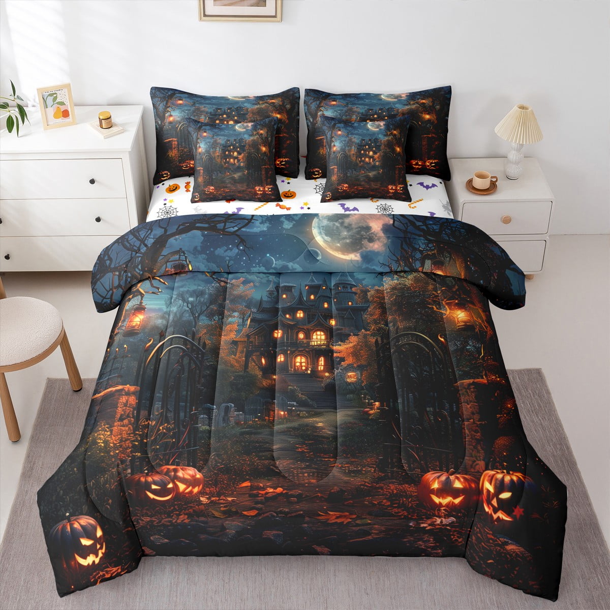 Manfei Spooky Halloween Castle 7pcs Bedding Comforter Set,Orange ...