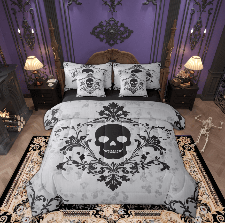 Manfei Spooky Skeleton Skull Bedding Comforter Set 7pcs, Damask Flower ...
