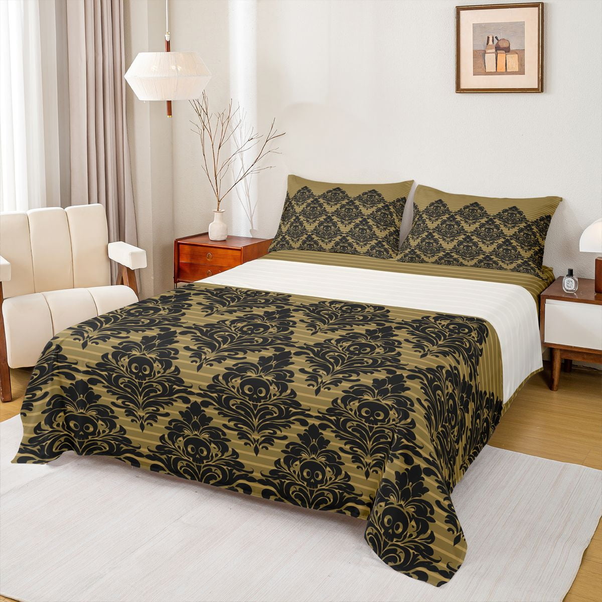 Manfei Spooky Skull Skeleton Bed Sheets,Victorian Baroque Print King ...