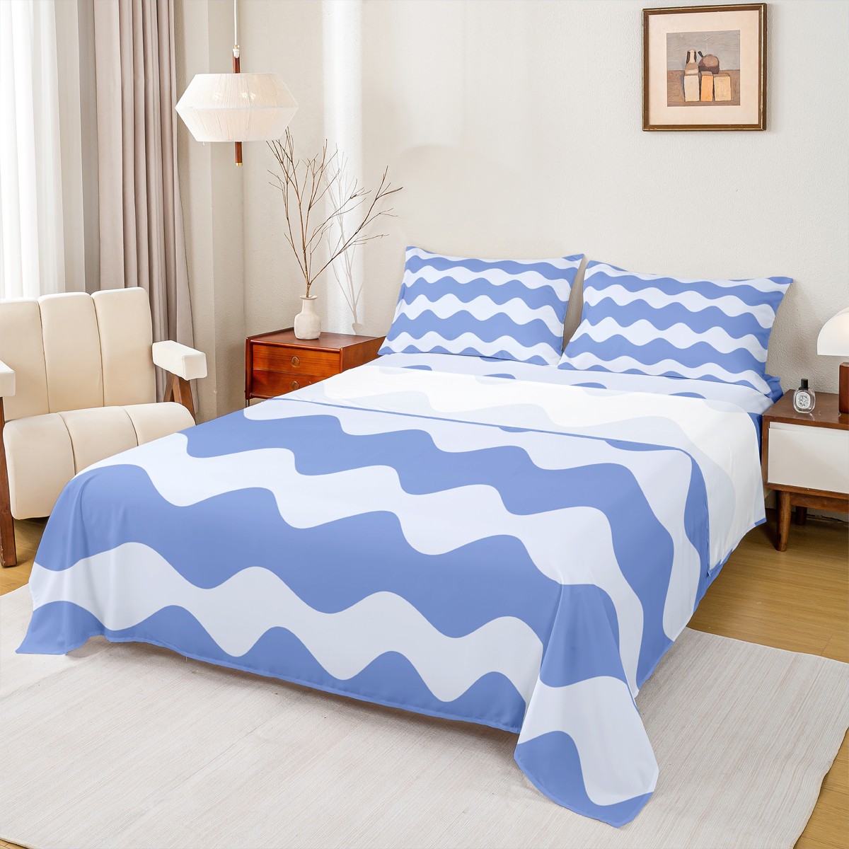 Manfei Steel Blue Abstract Twin Sheet Sets, Striped Geometry Twin ...