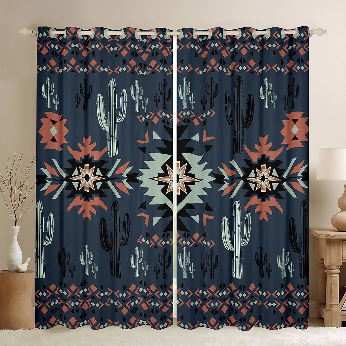 Homewish Steel Blue Aztec Blackout Curtains Set of 2 (52x84 Each) for ...