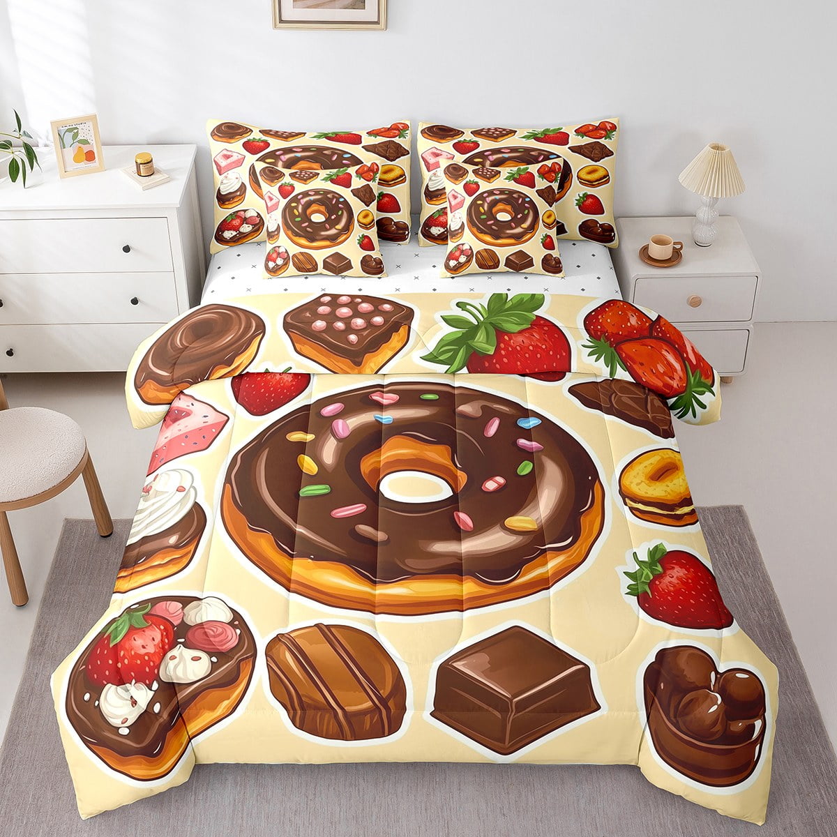 Manfei Strawberry Donuts 7pcs Bedding Comforter Set,Brown Red Queen ...