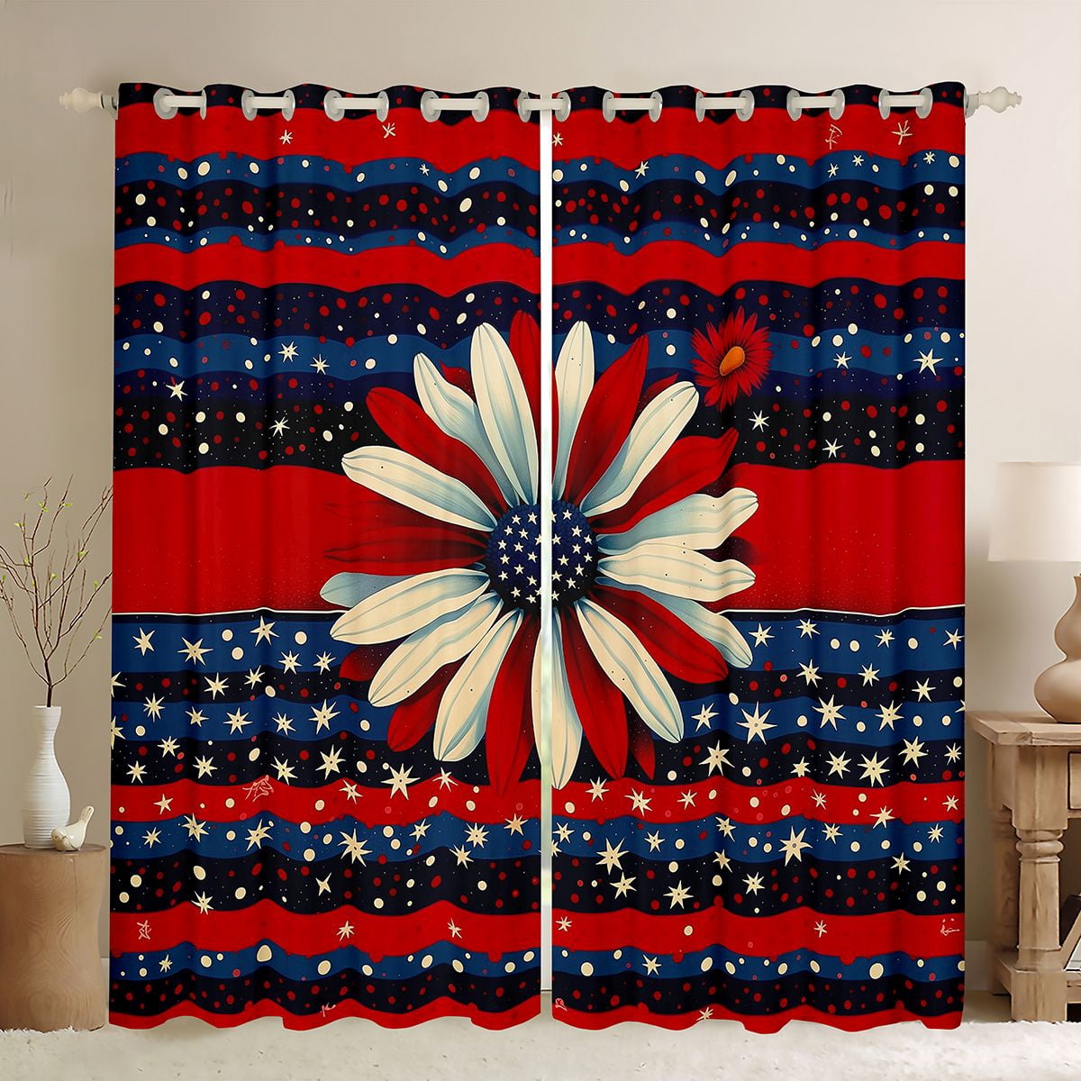 Manfei Striped USA Sunflower Kitchen Curtains, Dot Patriotic Bloom ...