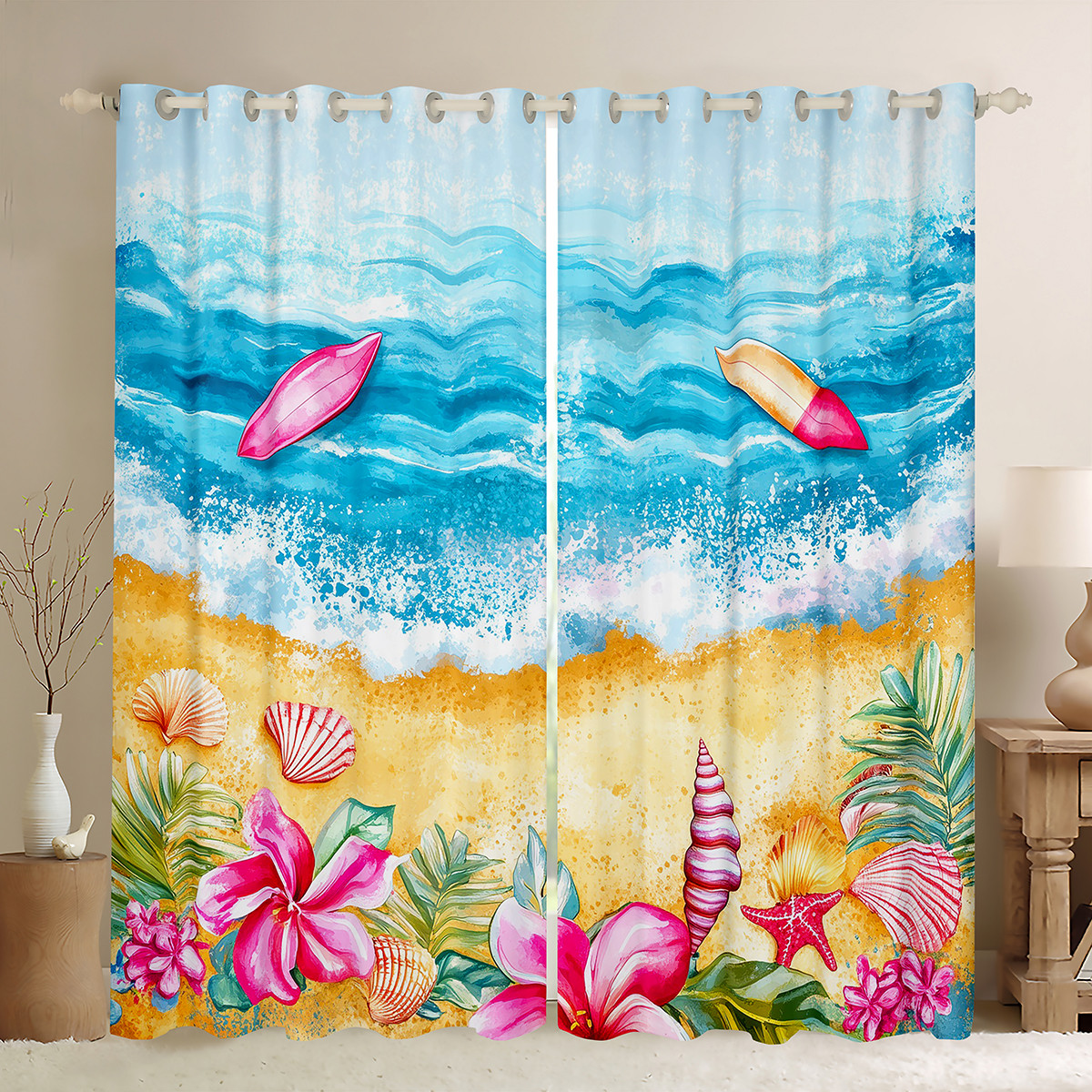 Manfei Summer Beach Curtains Pack of 2 (42x84), Pink Tropic Flower ...