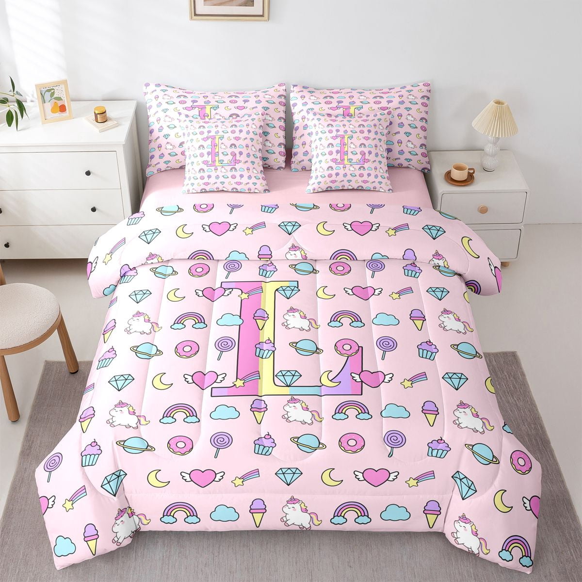 Manfei Sweet Unicorn Treats 7-Piece King Bedding,Cartoon Initial L King ...