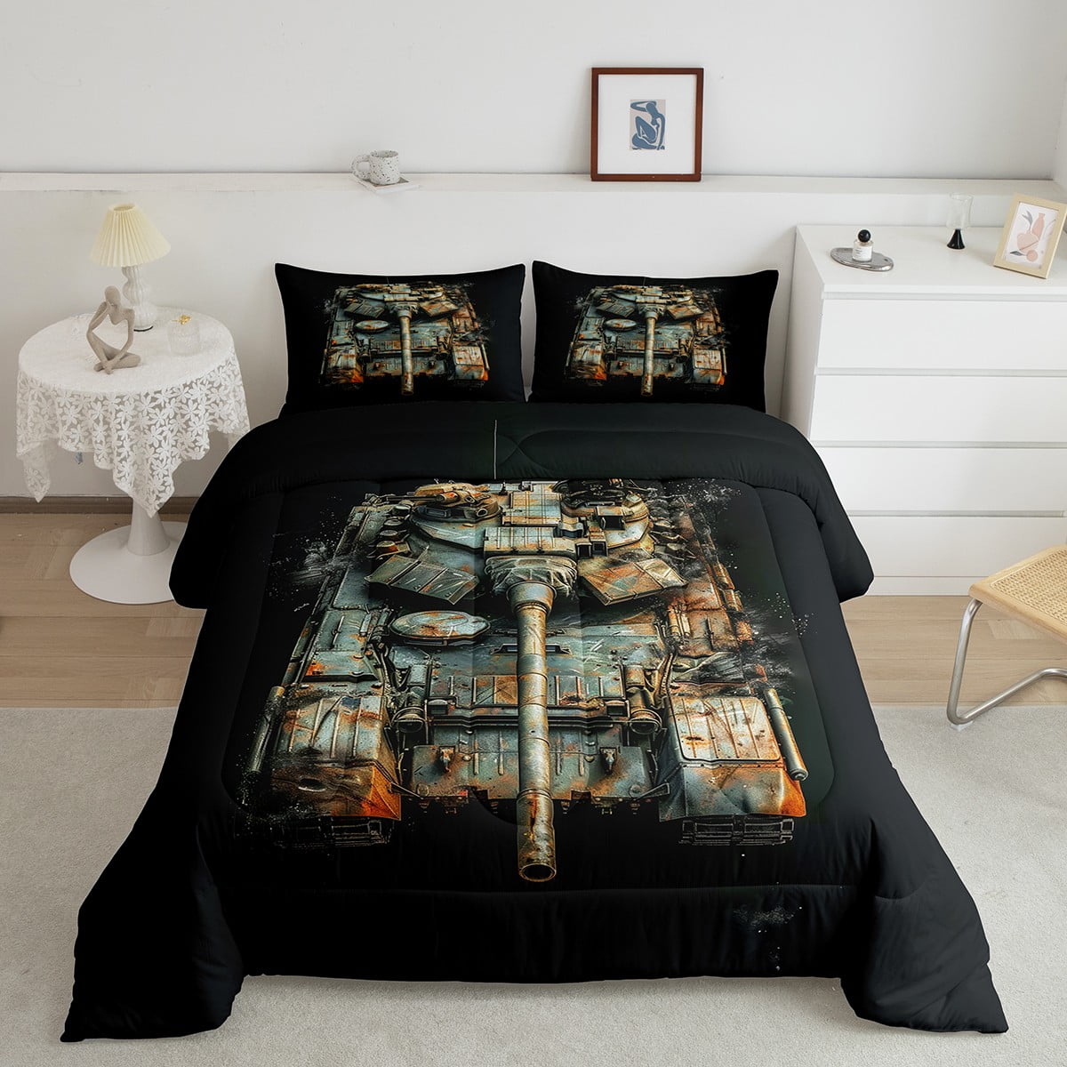 Manfei Tank Queen Comforter Set,Army Strength Bedding Sets,Black Green ...