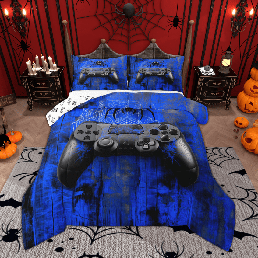 Manfei Teen Boys Gaming Queen Comforter Set, Blue Black Bedding Sets ...