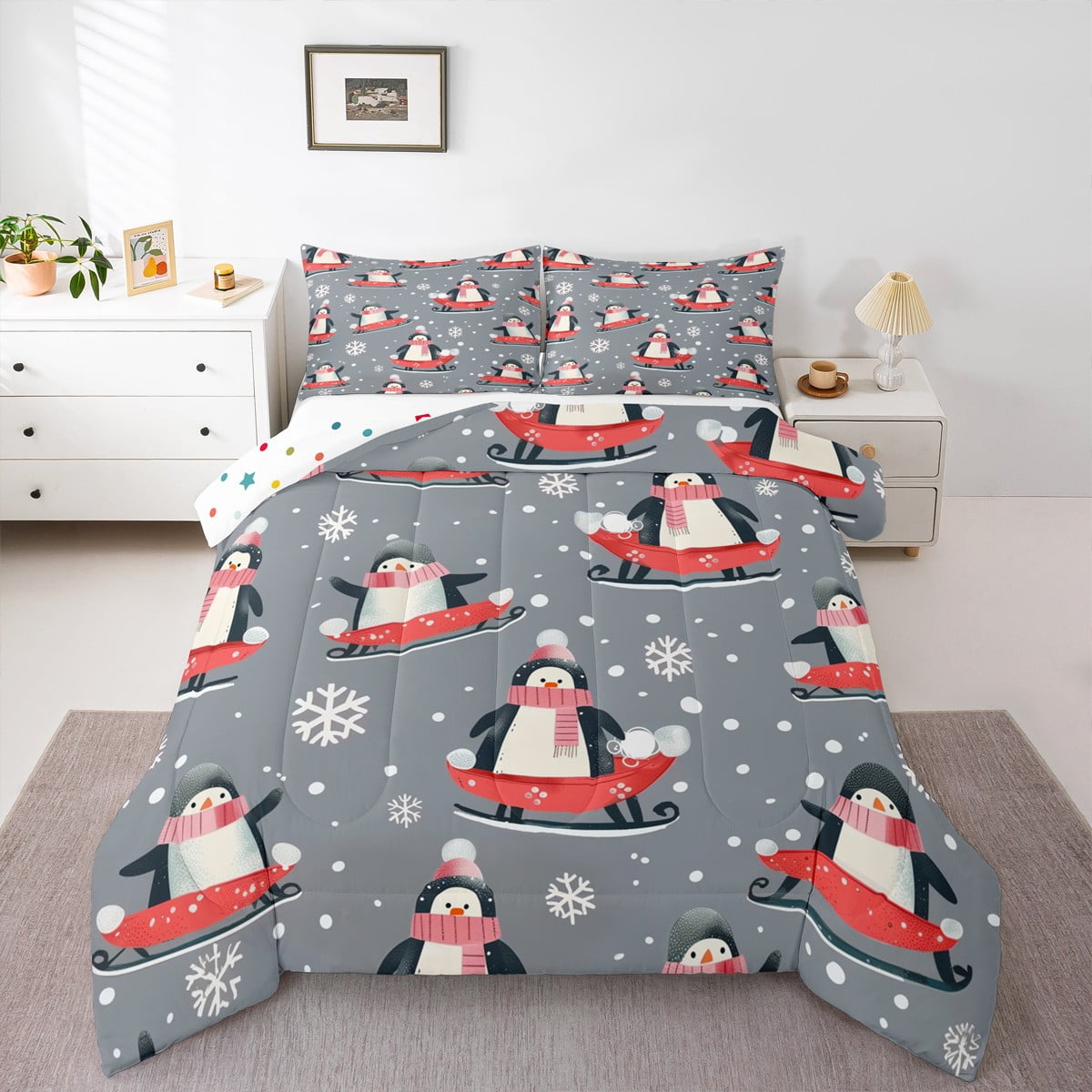 Manfei Teen Cartoon Penguin Queen Comforter Set, Kawaii Antarctic ...