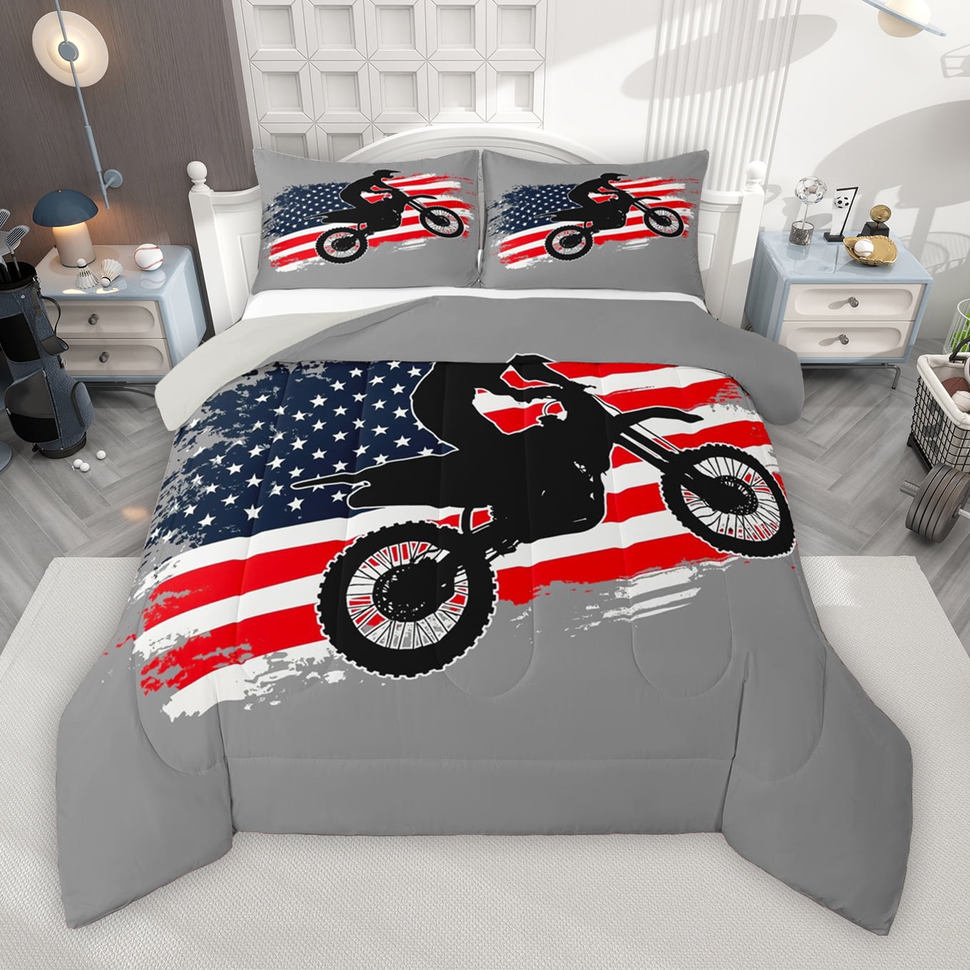 Manfei Teen Motorcycle Lover Bedding Comforter Set, Vintage American ...