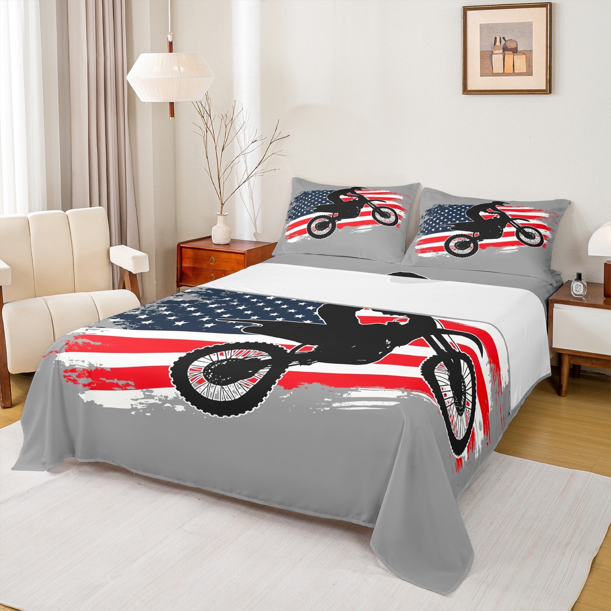 Manfei Teen Motorcycle Lover Queen Sheet Sets, Vintage American Flag ...