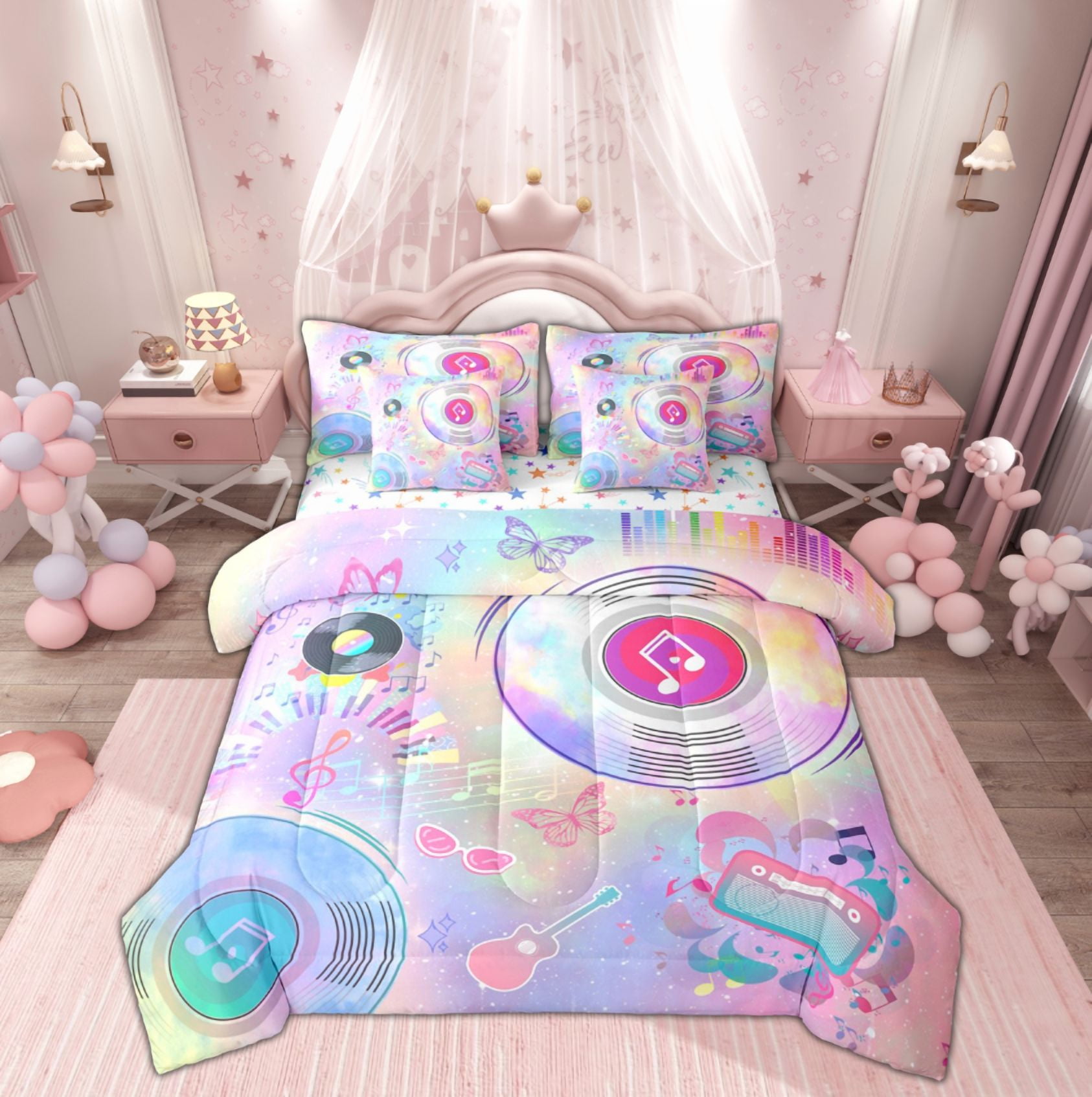 Manfei Teen Musical Note Bedding Comforter Set 7pcs, Princess Butterfly ...