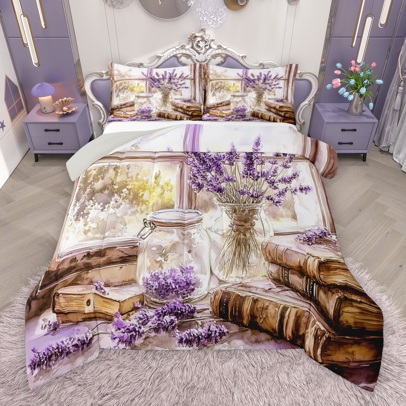 Manfei Teen Purple Lavender Full Size Comforter Sets, Rustic Flower ...