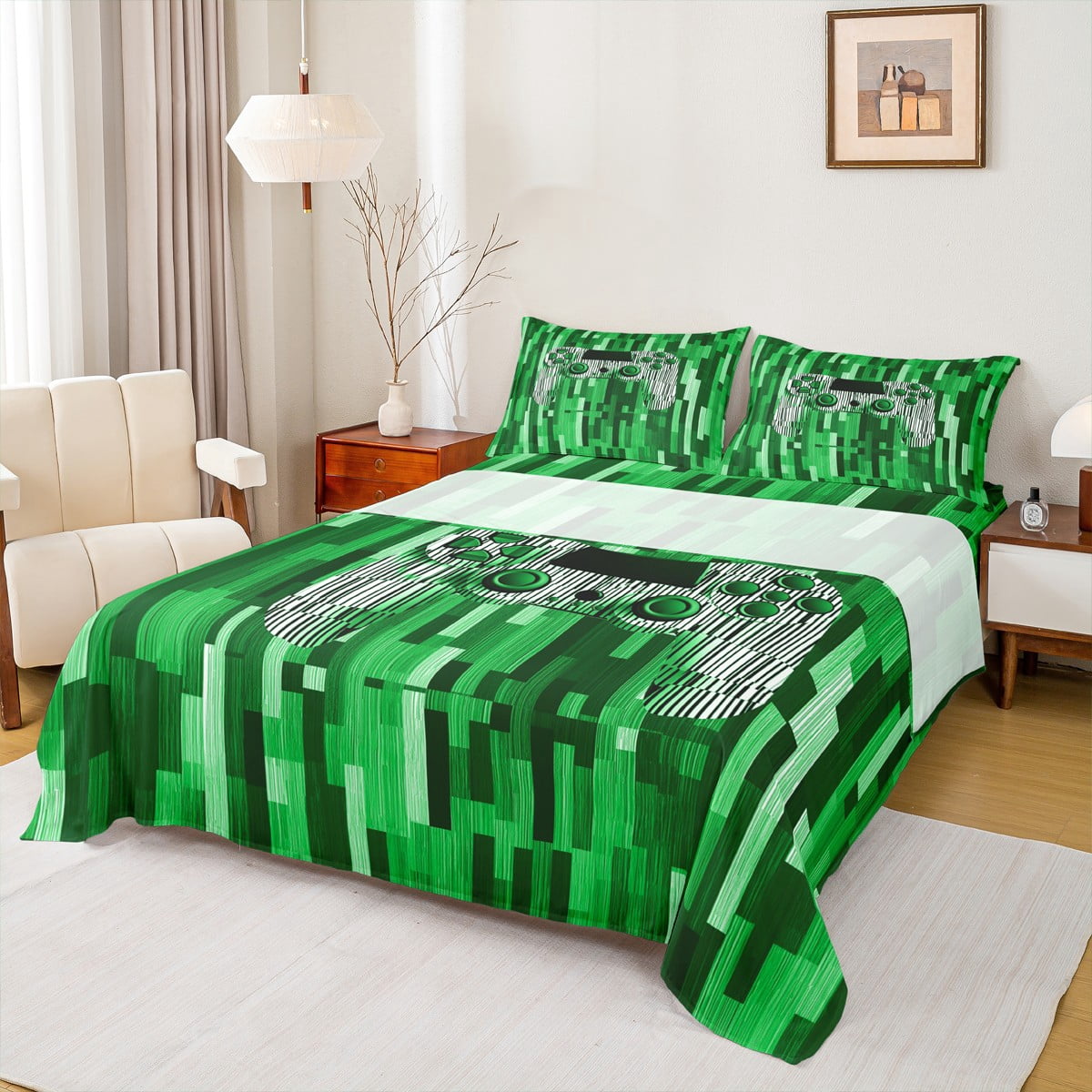 Manfei Teenager Gamer Full Size Sheets for Boys, Green Geometric Stripe ...