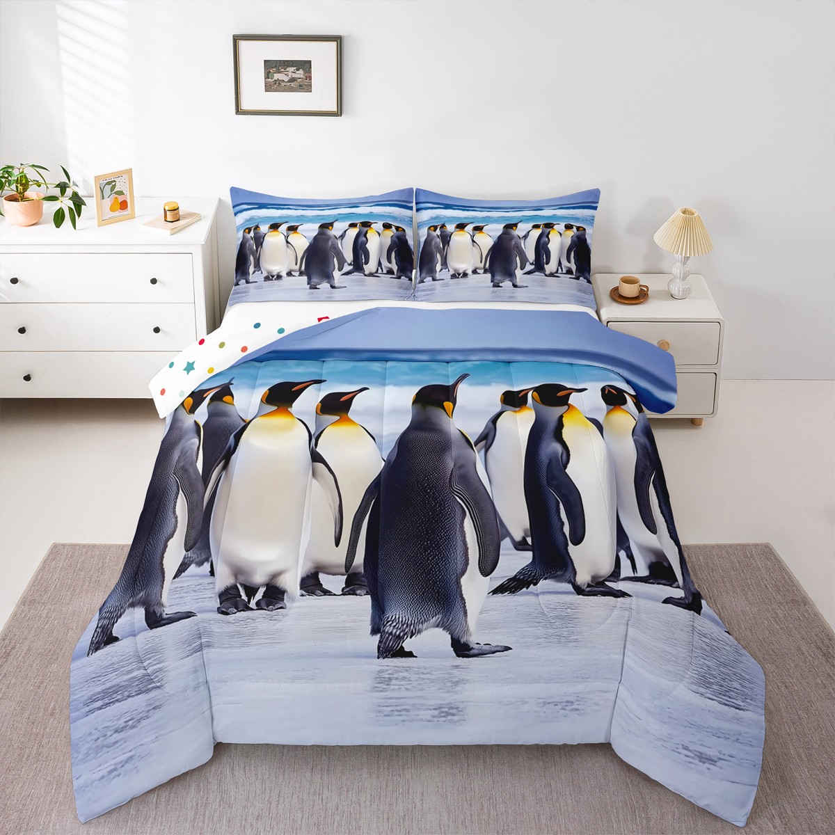 Manfei Teens Antarctic Penguin Queen Comforter Set, 3D Animal Bedding ...
