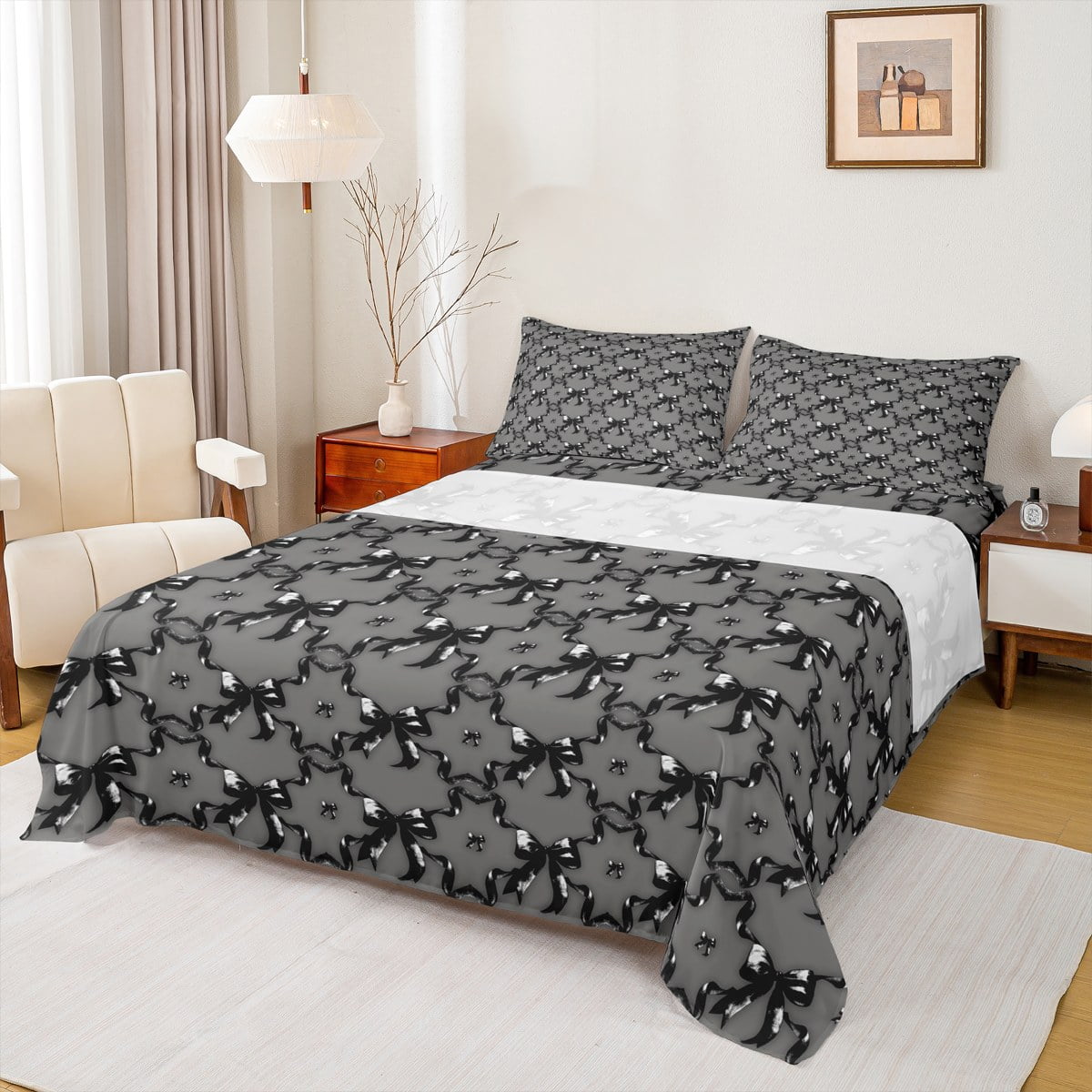 Manfei Teens Black Bowknot Full Size Sheets, Cute Ribbon Bow Bed Sheets ...