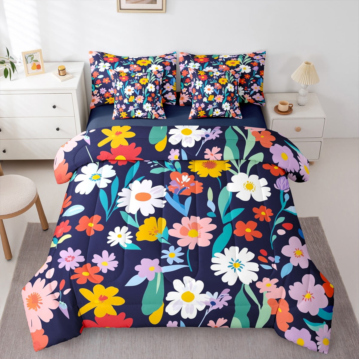 Manfei Teens Cartoon Flower Bedding Comforter Set 7-Piece, Farmhouse ...