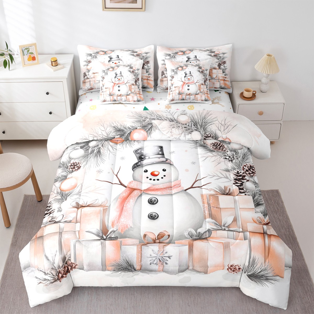 Manfei Teens Christmas Snowman Bedding Comforter Set 7-Piece, Orange ...