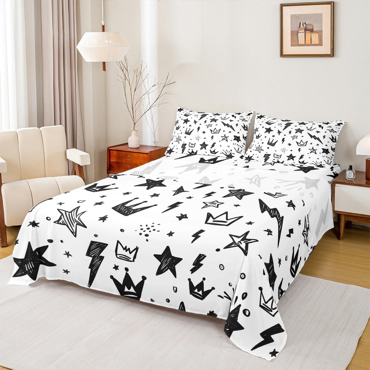 Manfei Teens Crown Stars Print Bed Sheets, Cartoon Lightning King ...
