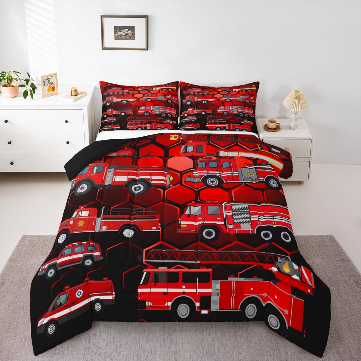 Manfei Teens Engine Truck Queen Comforter Set, Fireman Firefighter ...