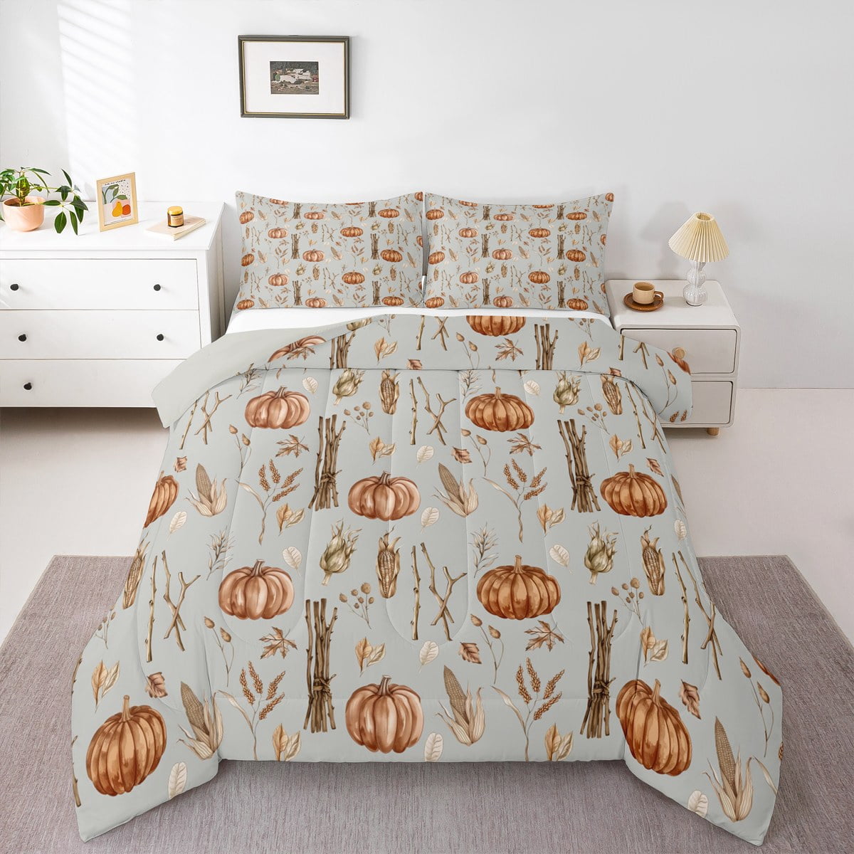 Manfei Teens Fall Pumpkin Full Size Comforter Sets, Plant Botanical Bedding Comforter Set ...