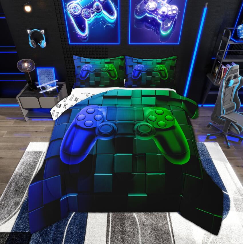 Manfei Teens Gaming Bedding Comforter Set, Blue Green Game Controller ...