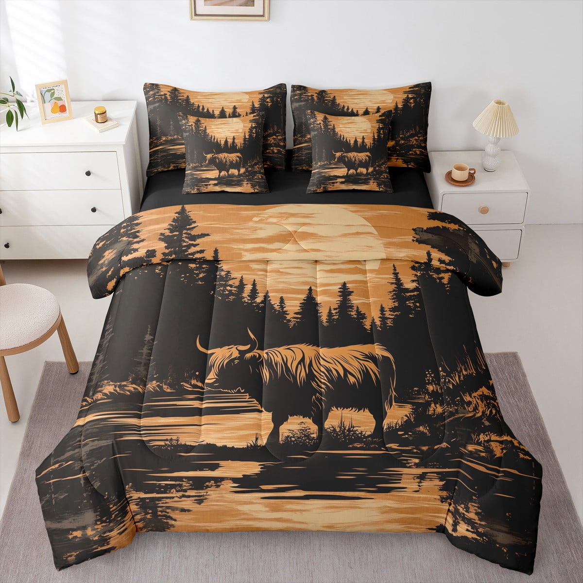 Manfei Teens Highland Cattle Bedding Comforter Set 7pcs, Farmhouse ...
