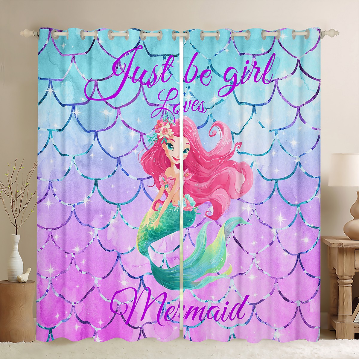 Manfei Teens Mermaid Princess Curtains Pack of 2 (42x84 Each), Dreamy ...