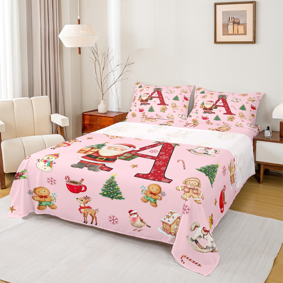 Manfei Teens Merry Christmas Queen Sheet Sets, Snowflake Initial Letter ...