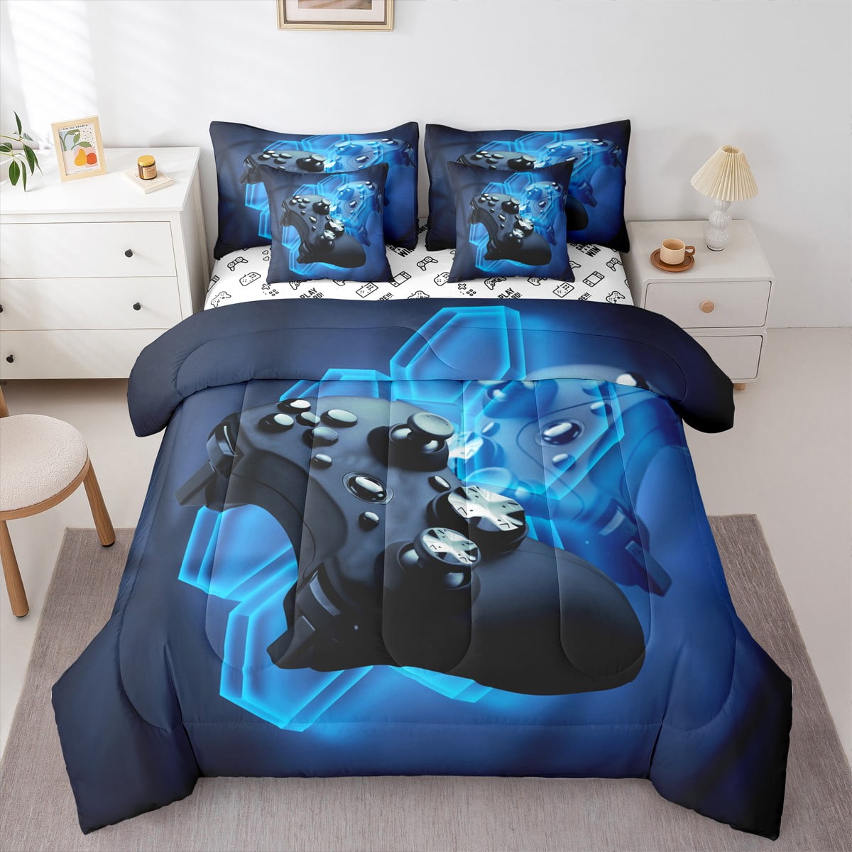 Manfei Teens Video Game Bedding Comforter Set 7pcs, Chic Geometric ...