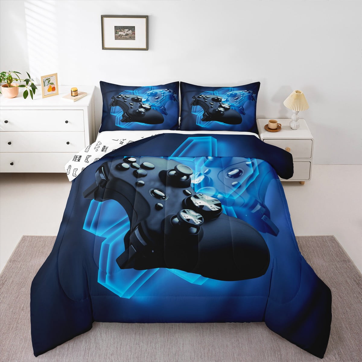 Manfei Teens Video Game Queen Comforter Set, Chic Geometric Gamepad ...